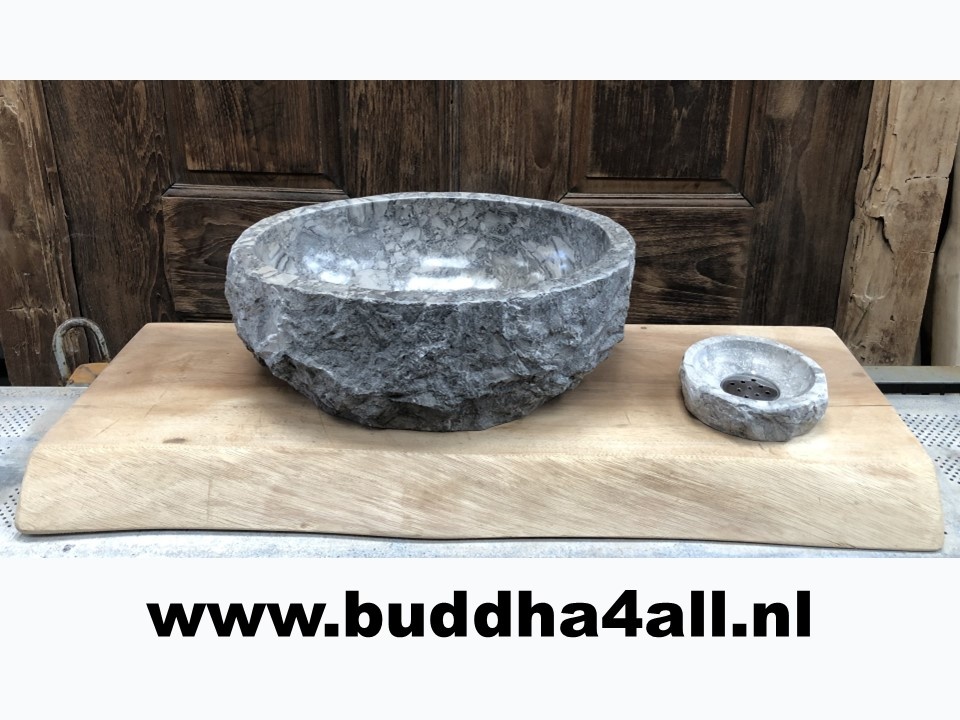 Grijs/wit natuursteen waskom - Buddha4all - Thijs Noldus Art of Nature